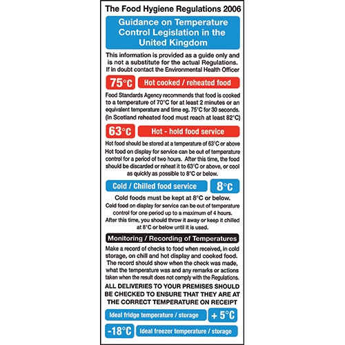 Cook/Chill Temperature Guideline Sign 250 x 100mm Printed Printed 250 x ...