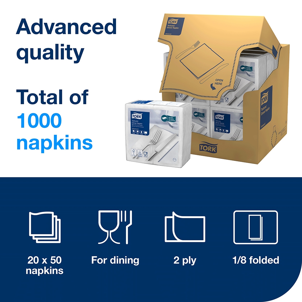 Tork Textured 8 Fold Dinner Napkin 2 Ply 40cm 40cm Tissue (20 x 50)